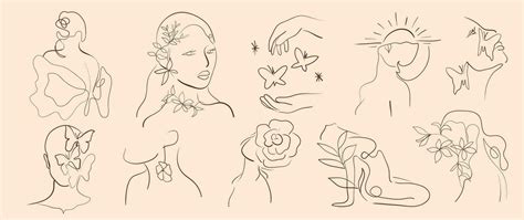 Minimal Hand Drawn Line Art Vector Set Aesthetic Line Art Design With Woman Body Faces Hands