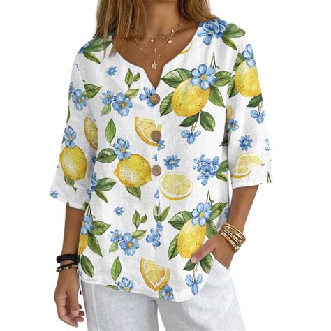 Xoenoiee Lemon Flower Print Cotton Linen Shirts For Women 2025 Summer V