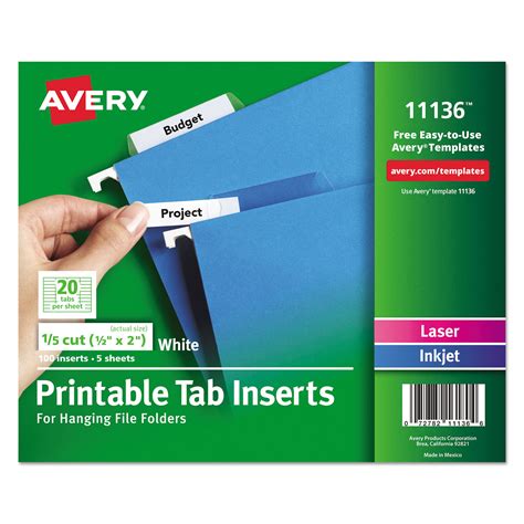 Avery 11137 Tabs Inserts For Hanging File Folders 1 3 Cut Tabs White 3 5 Wide 100 Pack