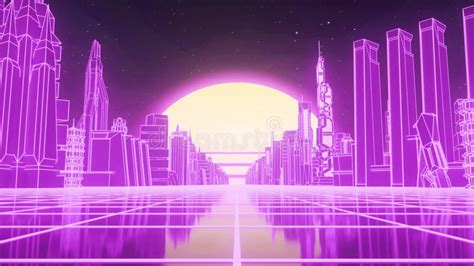 Seamless Loop Of Retro Cyberpunk Cityscape With A Moving Grid Floor Vj