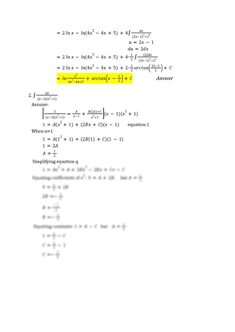 Solution Calculus 2 Integration Of Distinct Quadratic Factors Examples