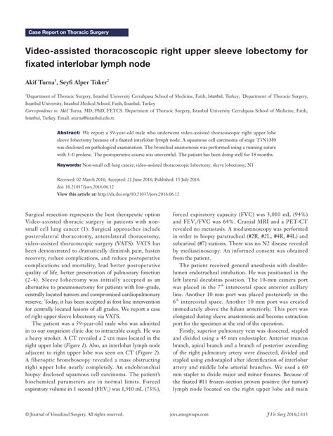 Pdf Video Assisted Thoracoscopic Right Upper Sleeve Lobectomy For