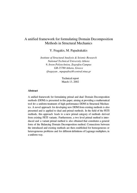 PDF A Unified Framework For Formulating Domain Decomposition Methods In Structural Mechanics