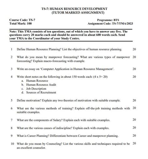 Ts 7 Human Resource Development In English Solved Assignment 2023 Free