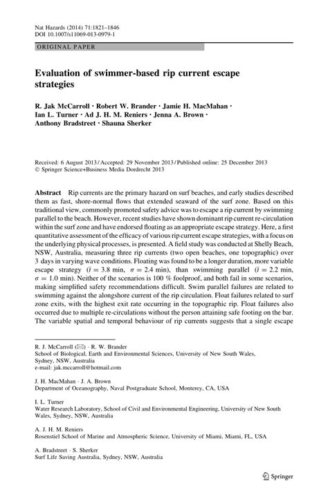 Pdf Evaluation Of Swimmer Based Rip Current Escape Strategies