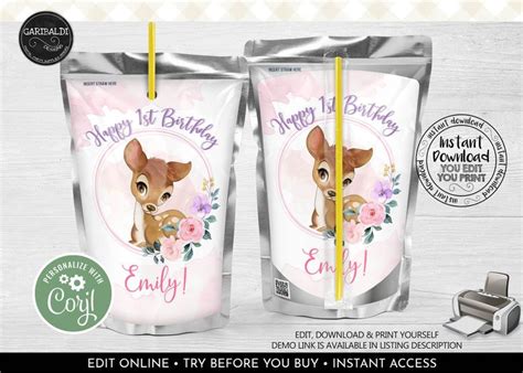 Editable Little Deer Juice Pouch Labels Template Woodland Deer Juice
