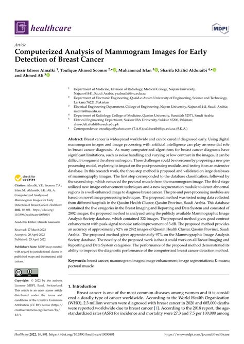 PDF Computerized Analysis Of Mammogram Images For Early Detection Of Breast Cancer