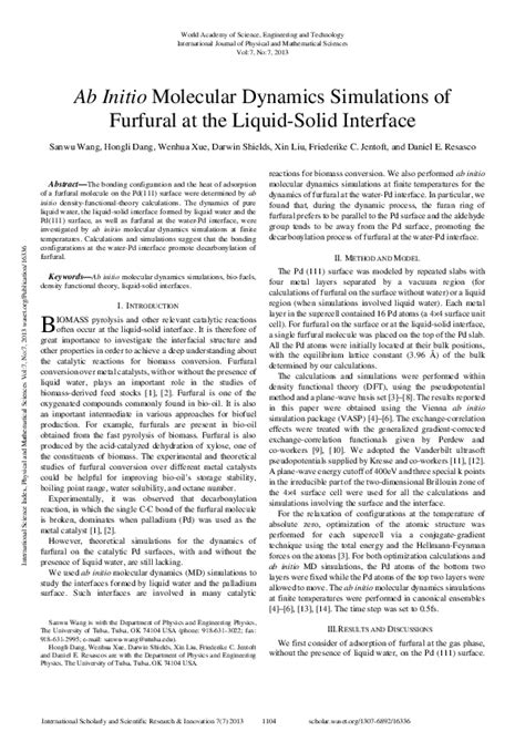 Pdf Ab Initio Molecular Dynamics Simulations Of Furfural At The Liquid Solid Interface