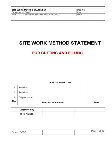 Method Statement For Earthworks Cut And Fill Pdf Nature