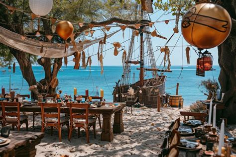 Premium Photo A Table Is Set Up On The Beach With A Pirate Ship In