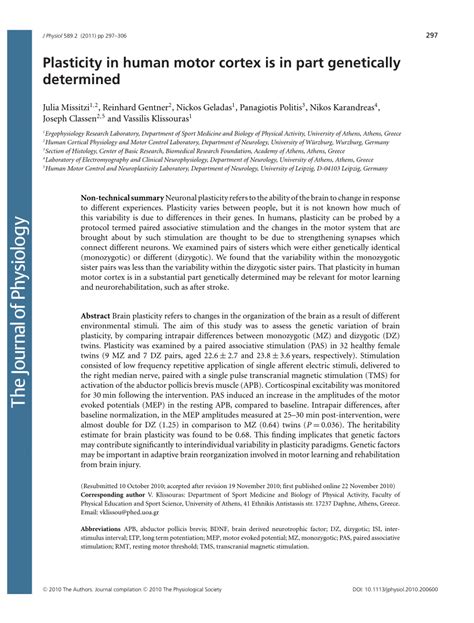 Pdf Plasticity In Human Motor Cortex Is In Part Genetically Determined