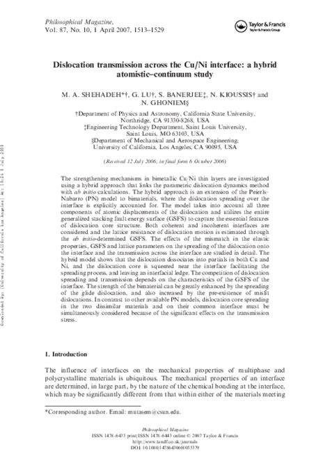 Pdf Dislocation Transmission Across The Cuni Interface A Hybrid