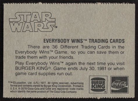 1977 Star Wars Burger King Trading Card On Kronozio