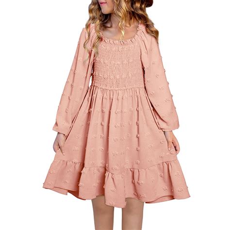 Abcomgle Long Sleeve Dress Girls 10 12 Polka Dots Smocked Puff Sleeve