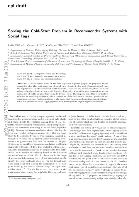 Pdf Solving The Cold Start Problem In Recommender Systems With Social Tags