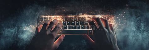Hands Typing Rapidly On A Futuristic Keyboard With Sparks Of Light Intense Software Development