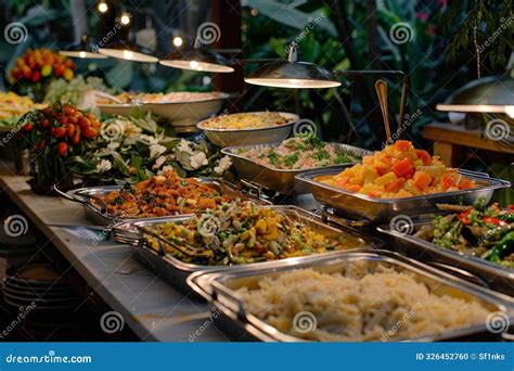Assorted Buffet Spread With Diverse Dishes And Vibrant Vegetables In