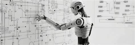 Side View Of A Humanoid Robot Interacting With A Digital Interface On A Whiteboard Background