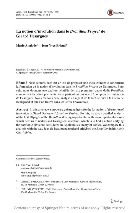 La Notion Dinvolution Dans Le Brouillon Project De Girard Desargues