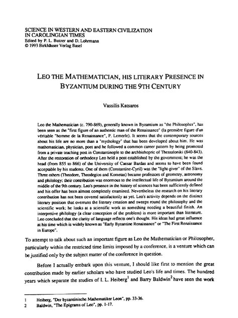 Leo The Mathematician His Literary Presence In Byzantium During The