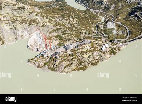 Amazing Aerial View Of Lake Grimsel And Grimsel Hospiz Construction