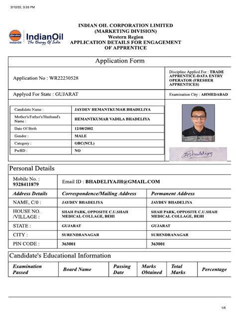 Iocl Application Form Color Pdf