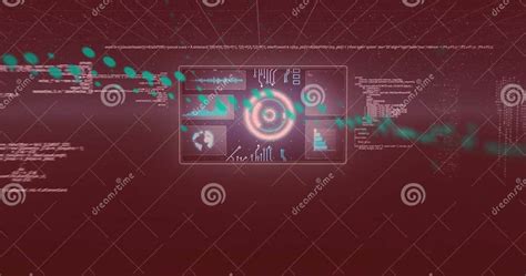 Futuristic Data Processing Image With Graphs And Circular Interface Over Red Background Stock