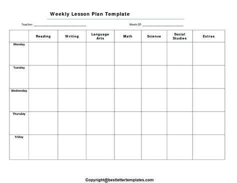 Printable Free Weekly Lesson Plan Template Pdf Printable Lesson Plans