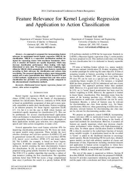 Pdf Feature Relevance For Kernel Logistic Regression And Application To Action Classification