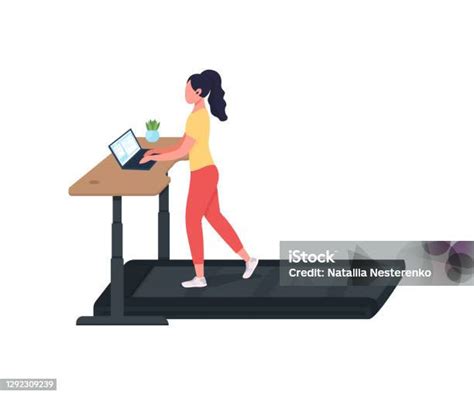러닝 머신 워크 스테이션 플랫 컬러 벡터 얼굴없는 캐릭터에서 일하는 여성 걷기에 대한 스톡 벡터 아트 및 기타 이미지 걷기 책상 벡터 Istock