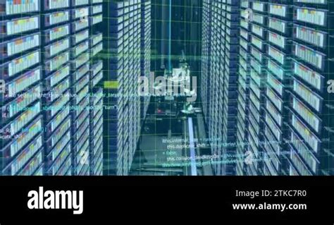 animation of computer language and grid over data server racks digital