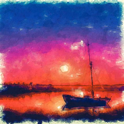 Tranquil Dusk Sailboat Waterscape Immersion Digital Art By Silver Pixie