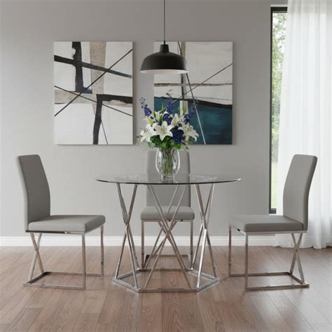 Modern 48 Inch Round Dining Table Silver Metal Base Clear Glass Top Foter