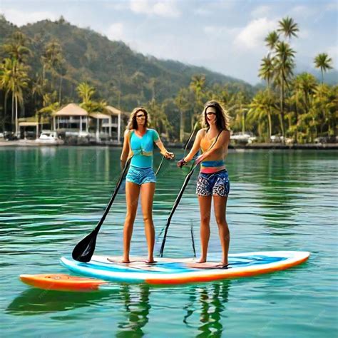 Premium Photo Two Women Paddle Boarding In A Lake With Palm Trees In