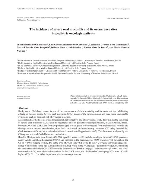 Pdf The Incidence Of Severe Oral Mucositis And Its Occurrence Sites In Pediatric Oncologic