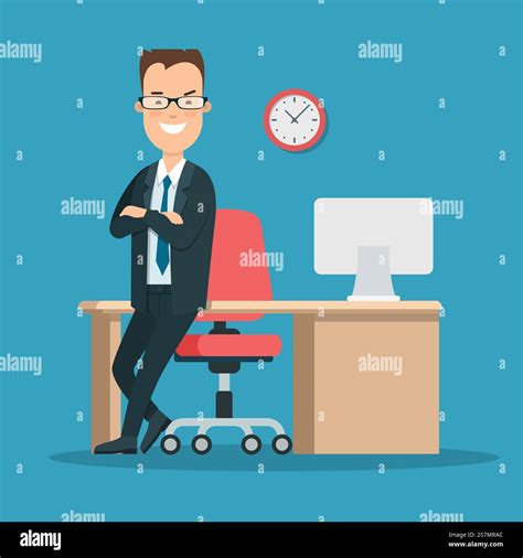 Flat Young Smiley Businessman Standing Near Working Place Vector Illustration Casual Business