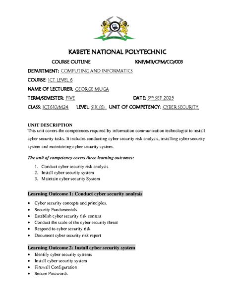 Cyber Security Course Outline Level 6 062217 Unit Competencies