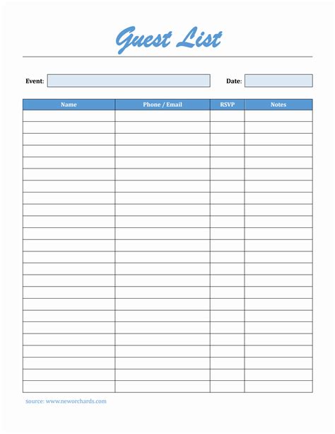 Free Guest List Template In Word Downloadable