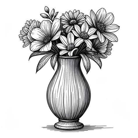 Premium Vector Vase With Flowers Monochrome Ink Sketch Vector Drawing