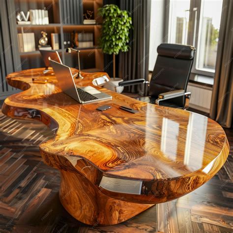 A Sleek Modern Wooden Desk With Unique Grain Patterns And A Polished
