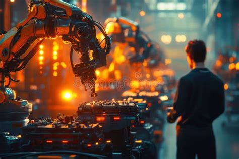 Robotic Arms Assemble Products In A Factory While A Human Worker Observes Generative Ai Stock