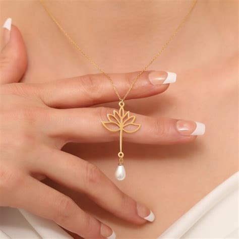 Lotus Pearl Necklace Sterling Silver Teardrop Pendant Etsy