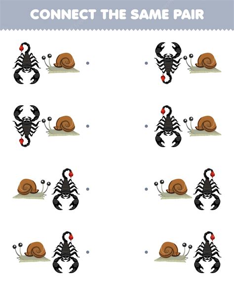 어린이를 위한 교육 게임은 귀여운 만화 전갈과 달팽이 쌍 인쇄 가능한 버그 워크시트의 동일한 그림을 연결합니다 프리미엄 벡터