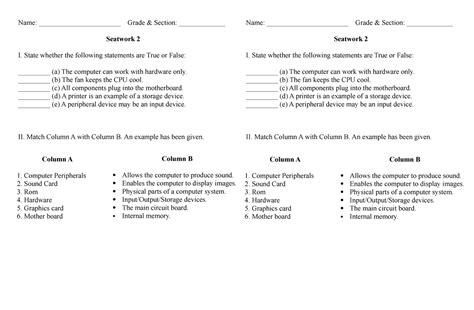 Seatwork 2 Name Grade And Section