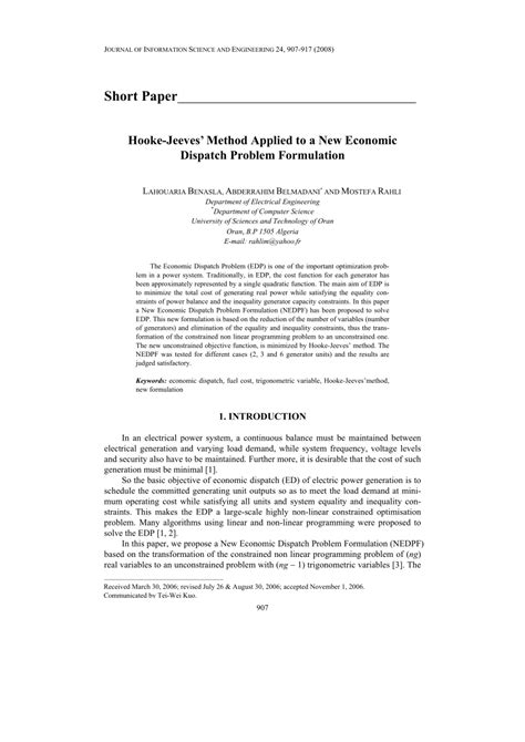 Pdf Hooke Jeeves Method Applied To A New Economic Dispatch Problem