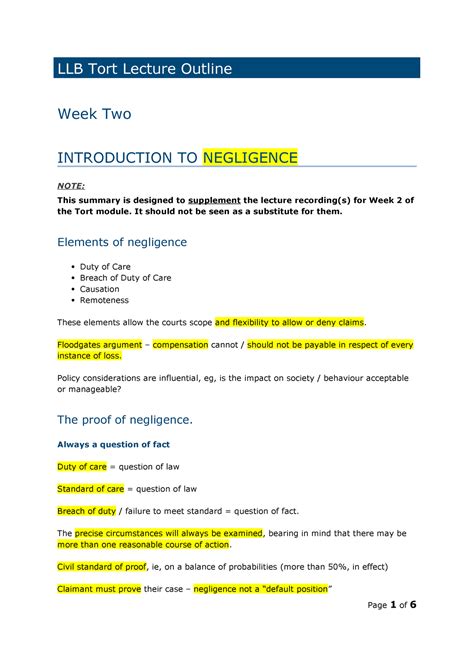 Tort Lecture 2 Notes Tort Law Lect1 Llb Tort Lecture Outline Week