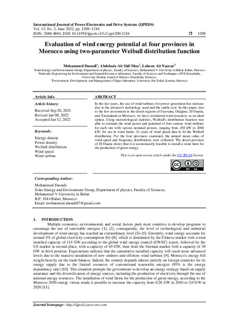 Pdf Evaluation Of Wind Energy Potential At Four Provinces In Morocco Using Two Parameter