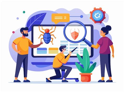 Team Of Developers Debugging Software Bug On Computer Screen Vector Art Premium Ai Generated Image