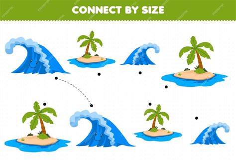 아이들을 위한 교육용 게임은 귀여운 만화 파도와 섬의 인쇄 가능한 자연 워크시트의 크기로 연결됩니다 프리미엄 벡터
