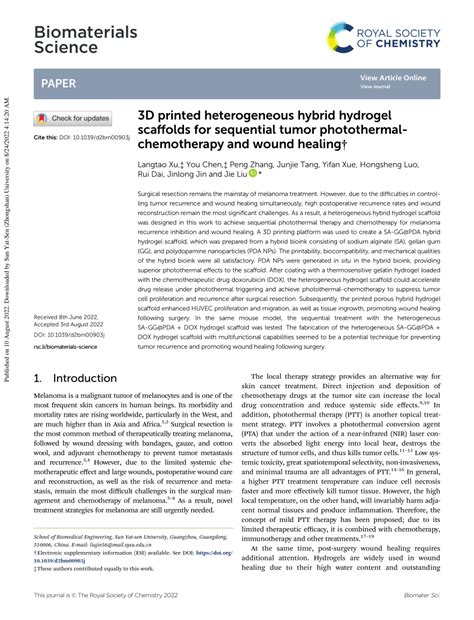 Pdf 3d Printed Heterogeneous Hybrid Hydrogel Scaffolds For Sequential Tumor Photothermo Chemo